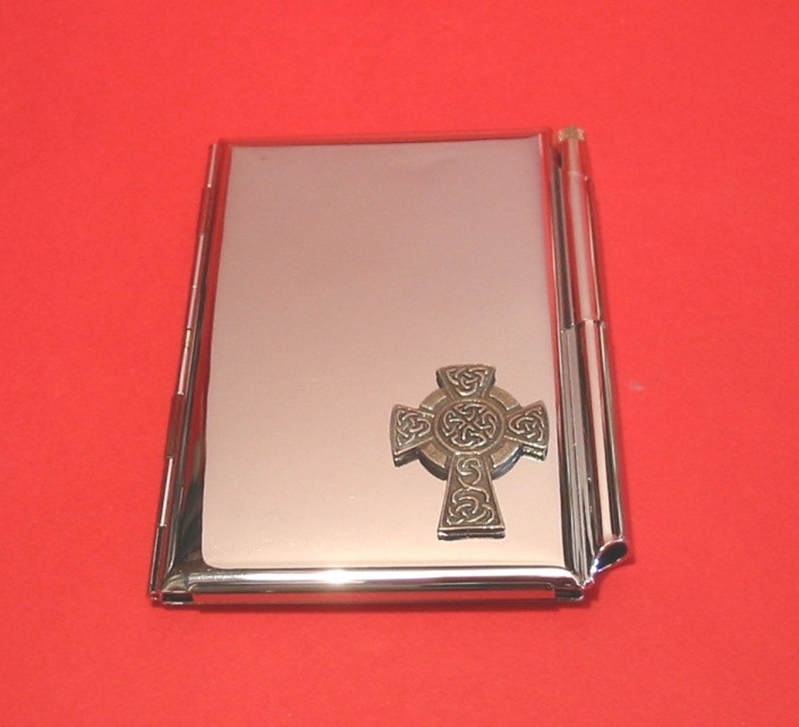 Celtic Cross Chrome Notebook & Pen Card Holder With Hand Cast Pewter ...