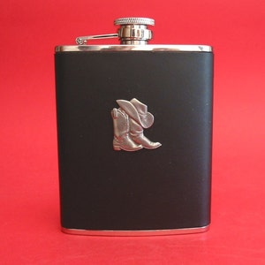 Cowboy Boots & Hat Design Black Leather 6oz Hip Flask Line Dancing ...