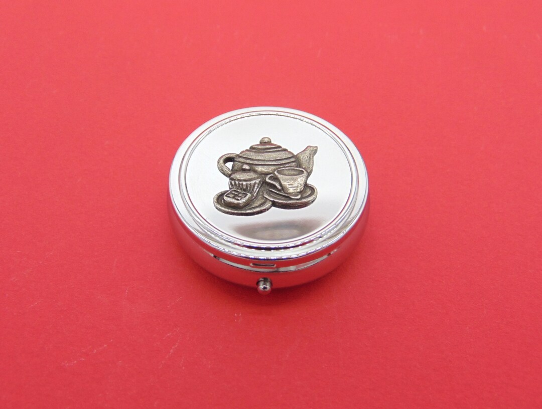 Tea Drinker Design Round Chrome Pill Box Small Trinket Box - Etsy
