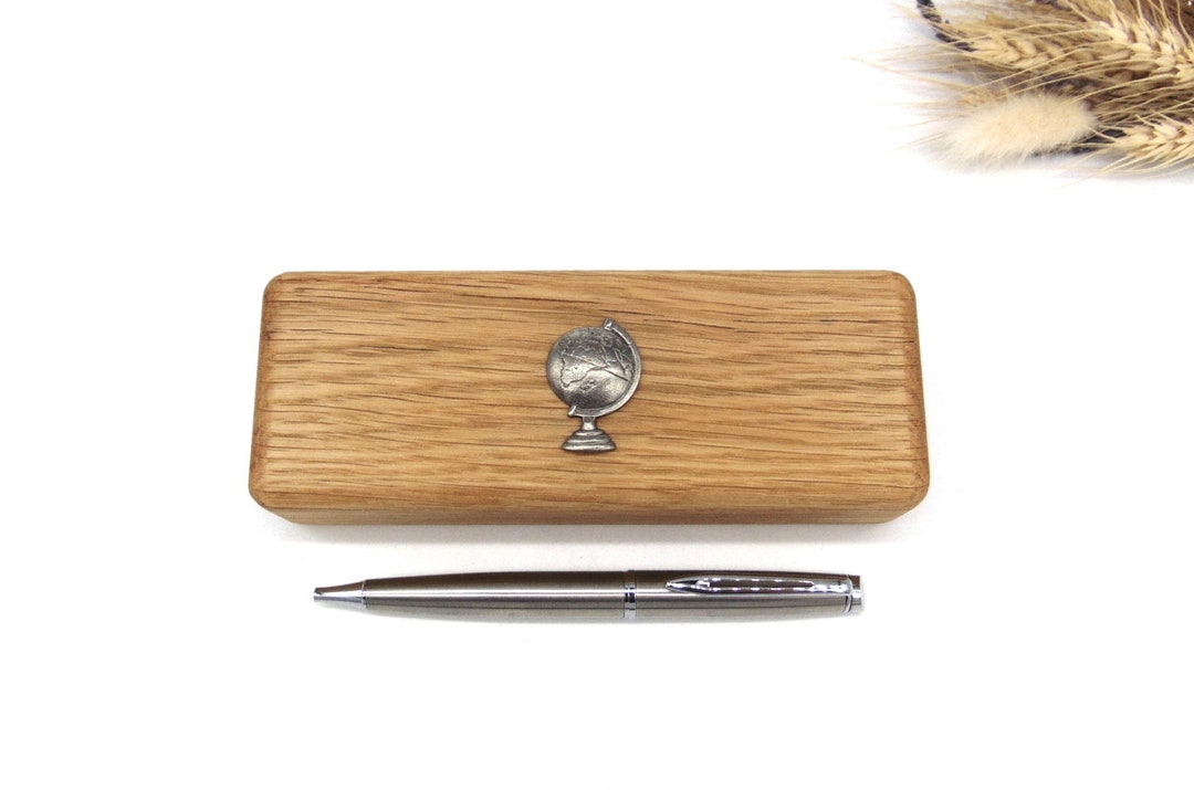 World Globe on Oak Wooden Pen Box & Pen Set - Travel Gift for ...
