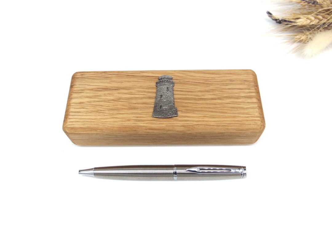 Lighthouse Design Oak Wooden Pen Box & Pen Set - Desktop Pen Case ...