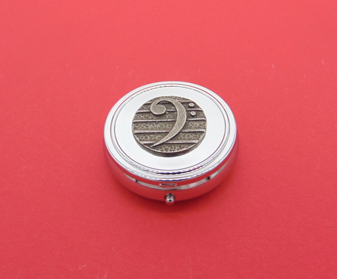 Bass Clef Design Round Chrome Pill Box - Medication Organiser - Travel ...