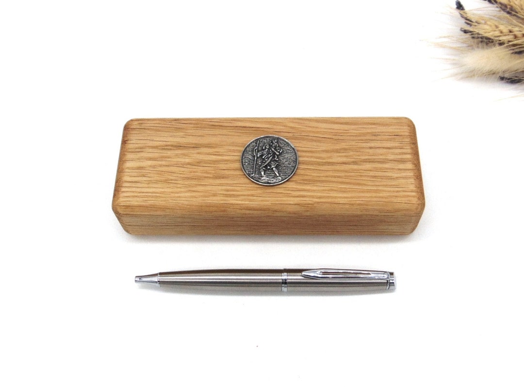 St Christopher Design Oak Wooden Pen Box & Pen Set - Fathers Day Gift ...