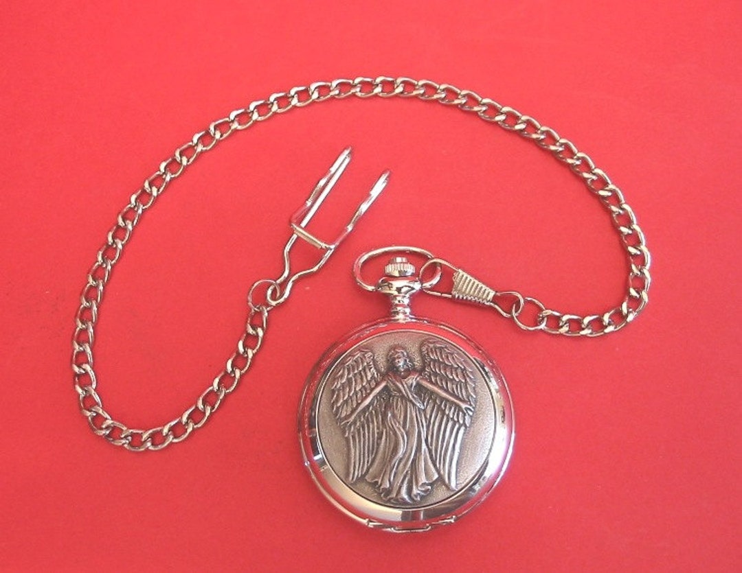 Guardian Angel Design Skeleton Mechanical 24hr Pocket Watch With Pewter ...