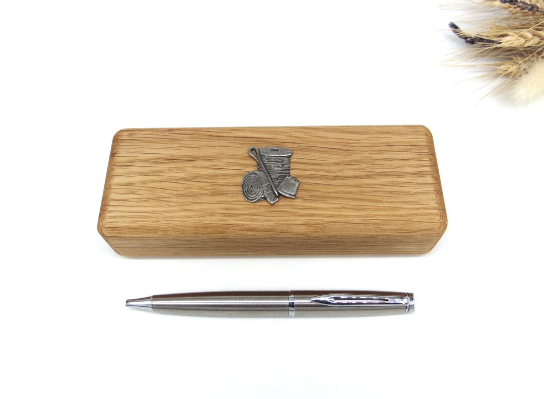 Sewing Design Oak Wooden Pen Box & Pen Set - Seamstress Dressmaker ...