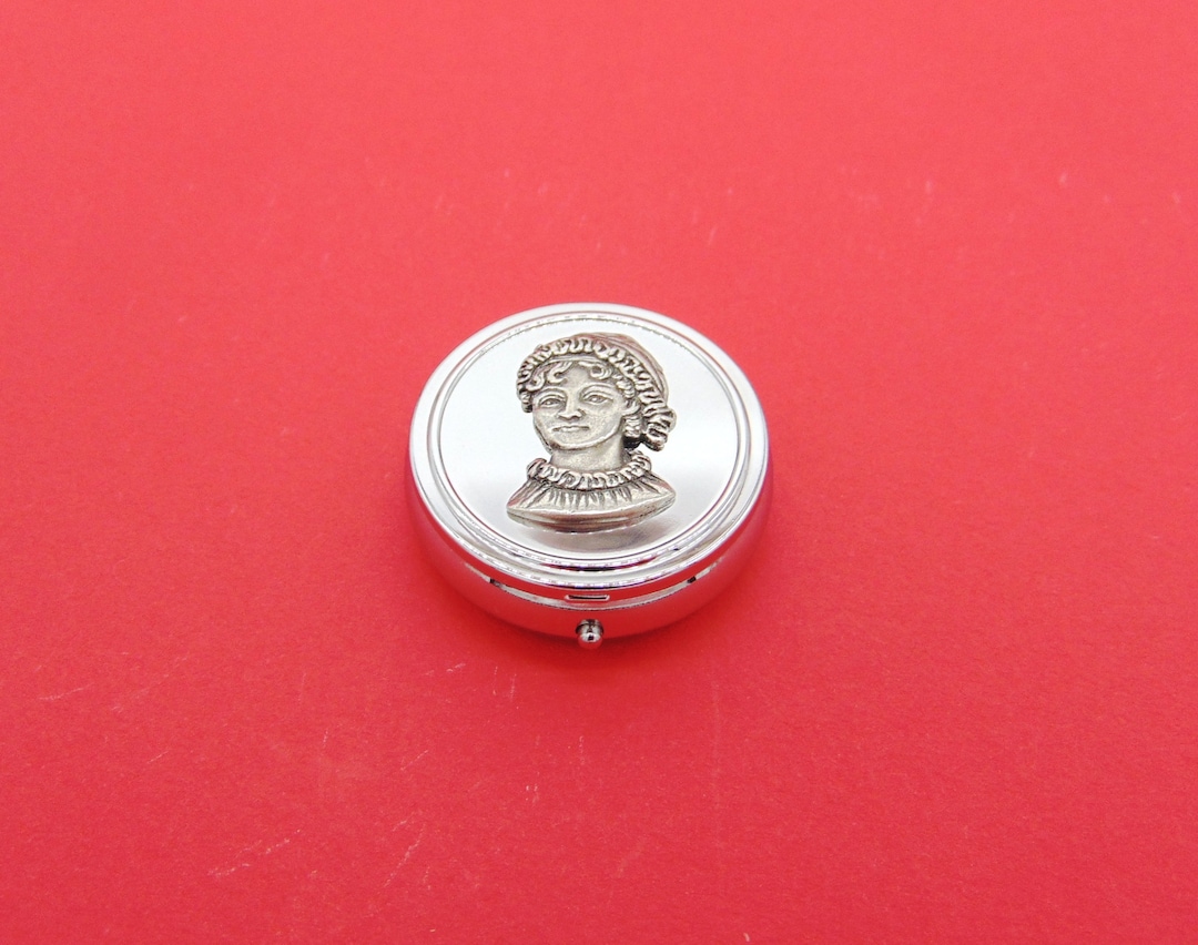 Jane Austen Design Round Chrome Pill Box - Jane Austen Gift - Small ...