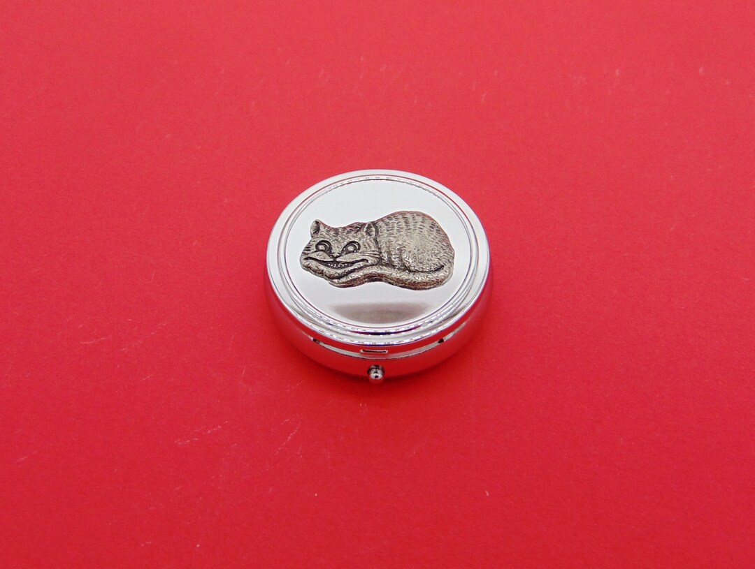 Cheshire Cat Design Round Chrome Pill Box - Alice in Wonderland Gift ...