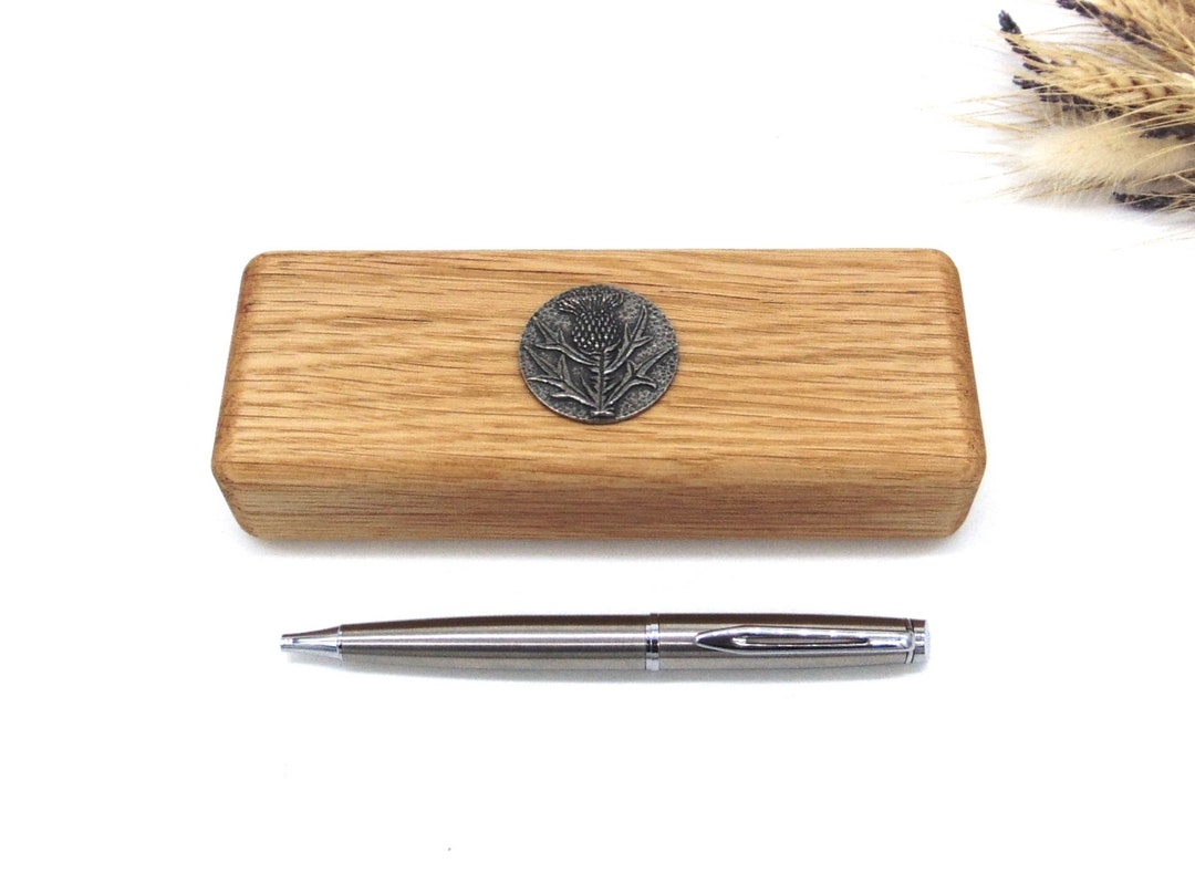 Scottish Thistle Design Oak Wooden Pen Box & Pen Set - Scottish Gift ...