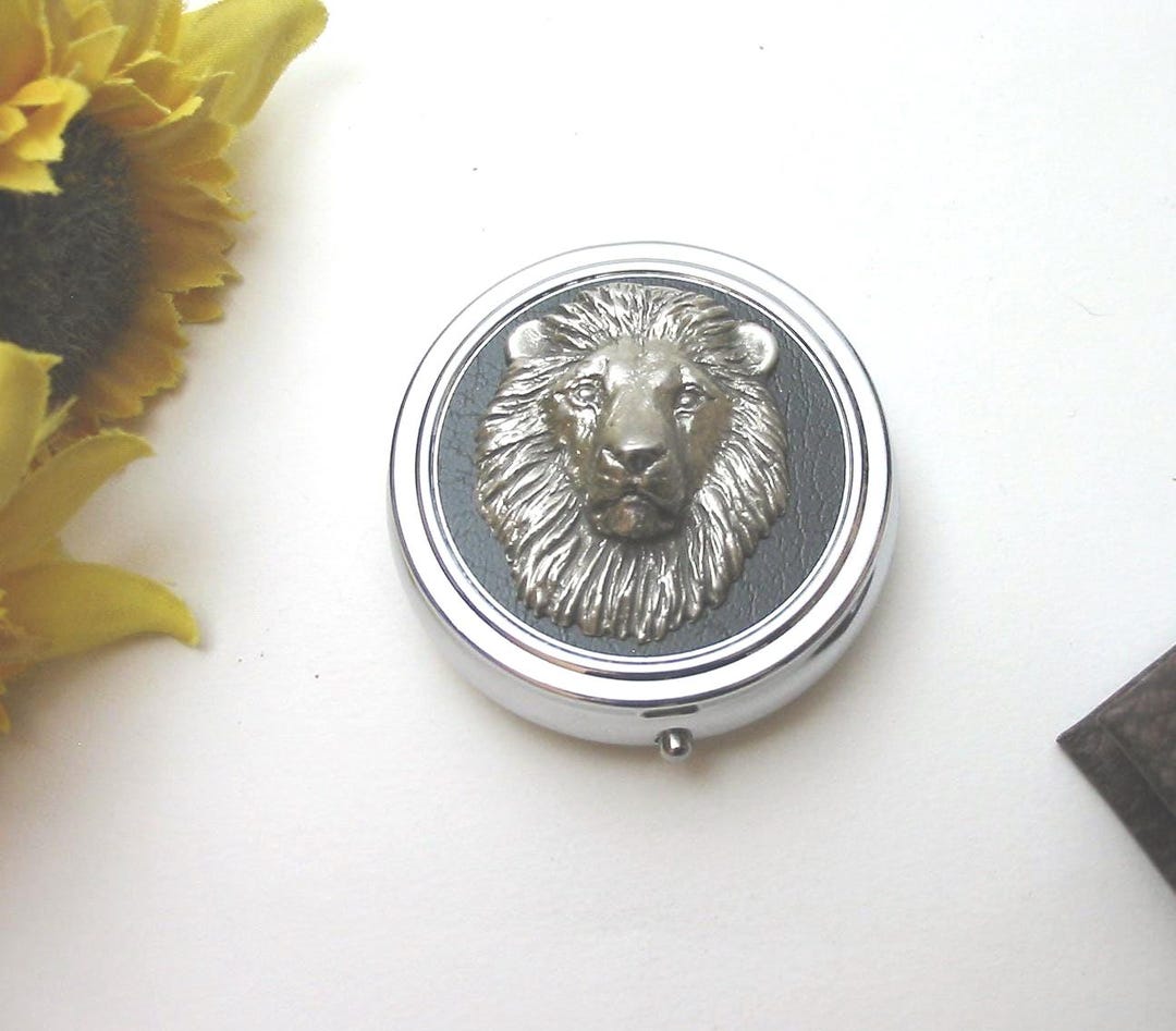 Lion Pewter Motif on Round Mint / Pill Box With Black Faux Leather Top ...