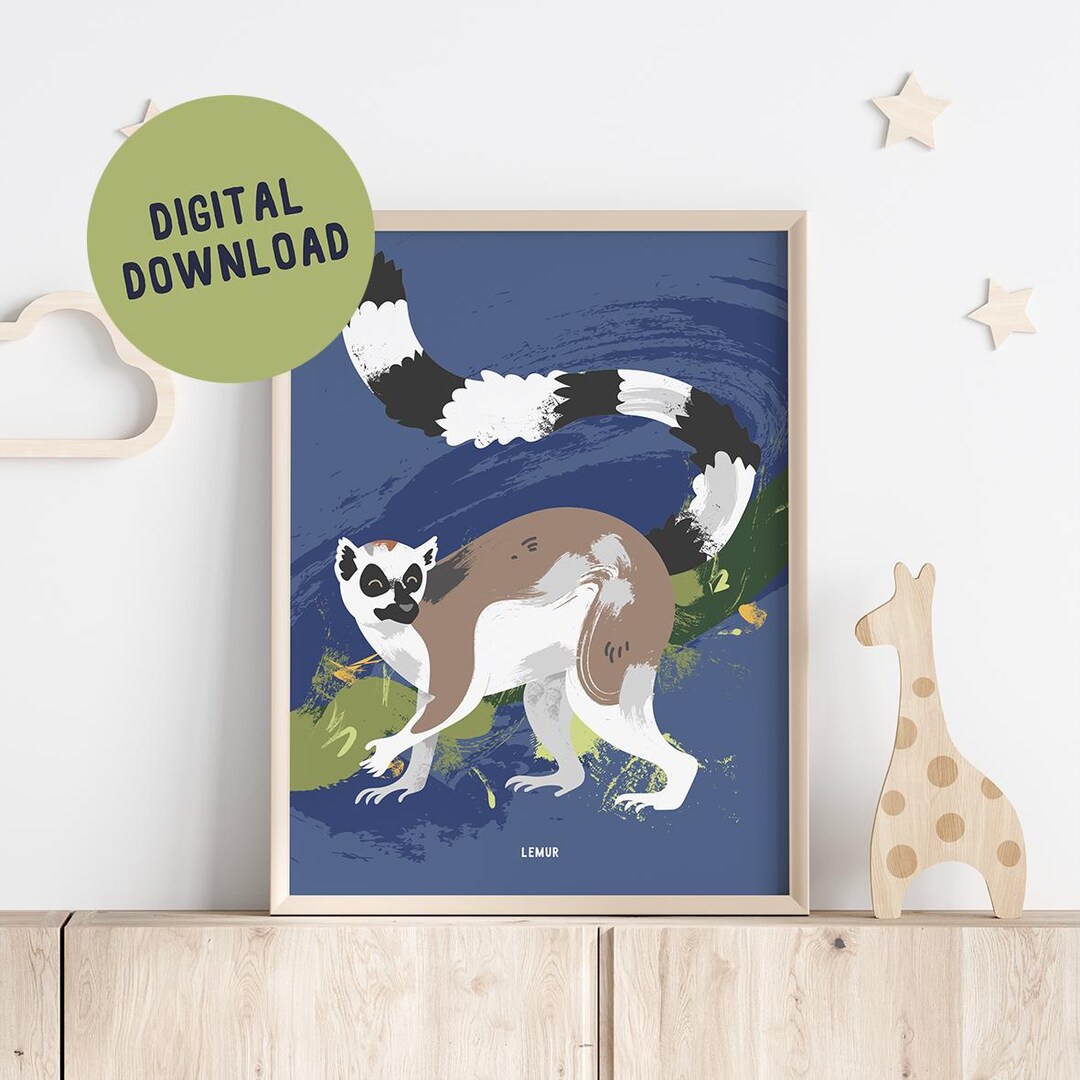 Lemur Blue Nursery Wall Art, Cute Lemur Illustration, Boys or Girls ...