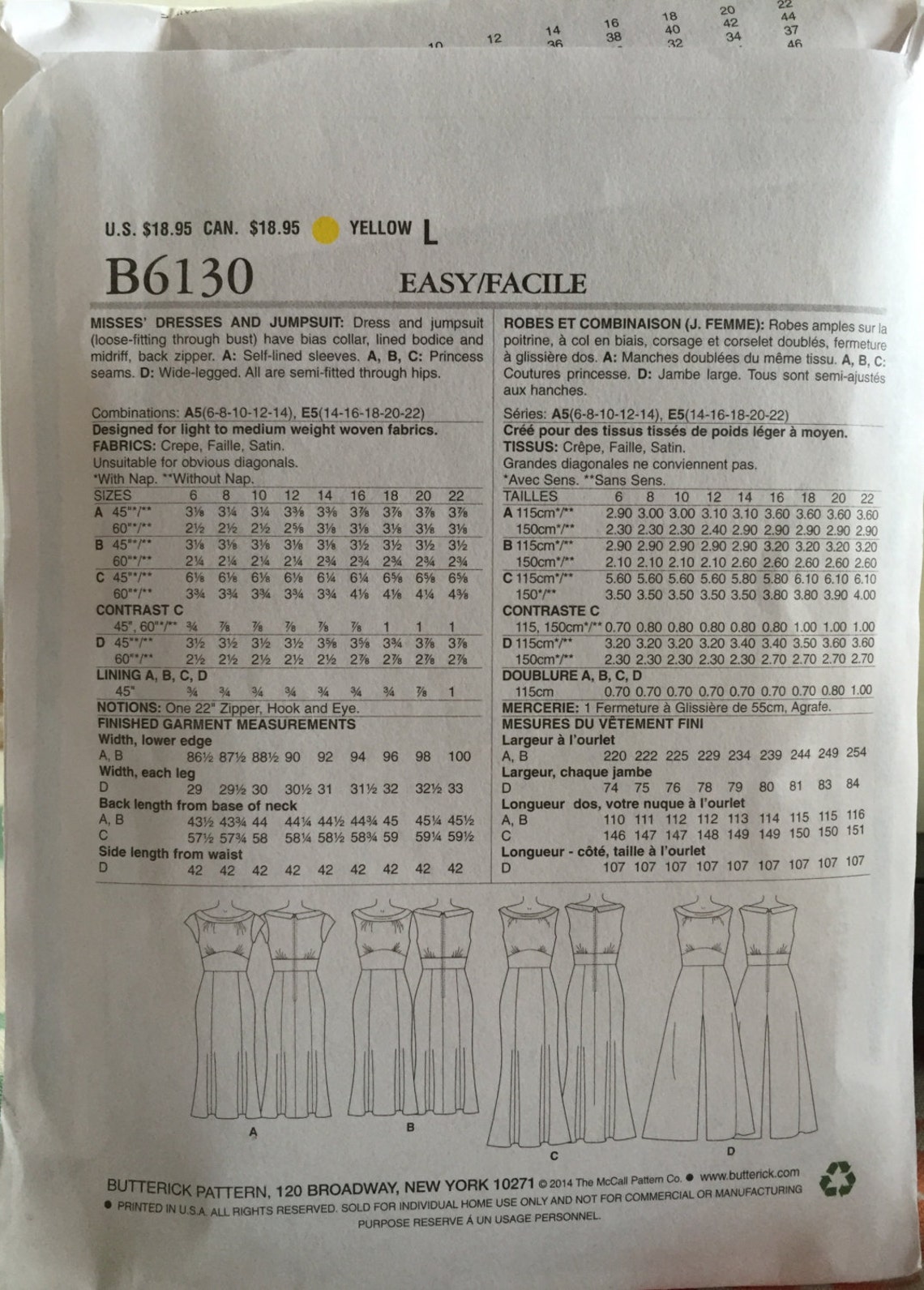 Butterick 6130 Women's Dress Pattern Sizes 6-10 and (14-22 Sold Out ...