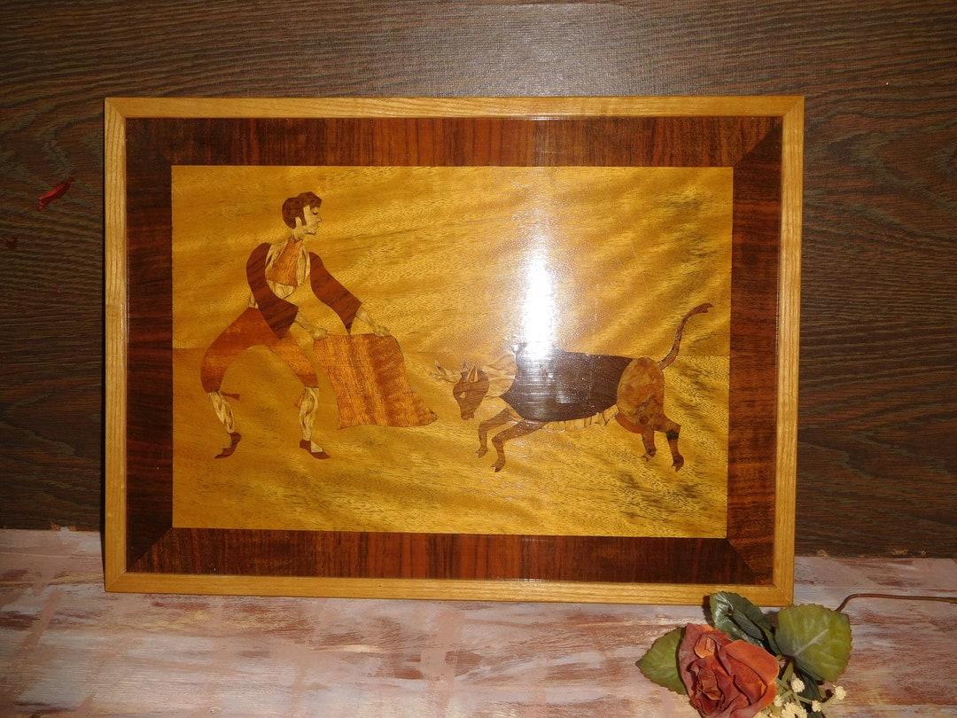Intarsia Wooden Art/toreador Vs.bull/vintage - Etsy