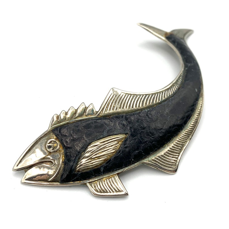 Large Silver and Black Leather Fish Hidden Loop Pendant, Silver Tone ...