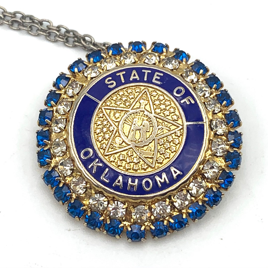 State of Oklahoma Necklace, Blue and Gold Bling Rhinestone State Seal ...