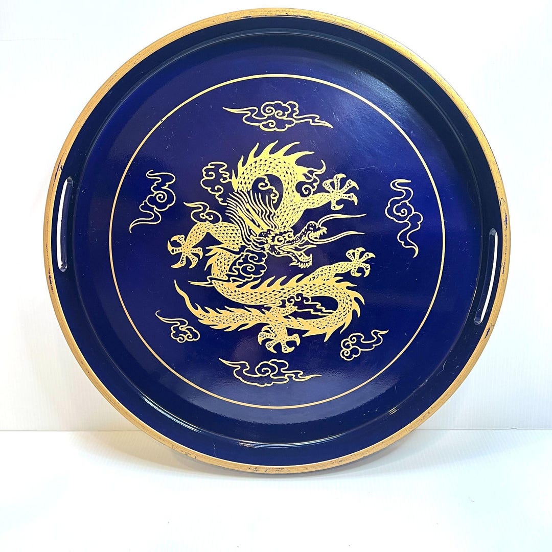 Lord & Taylor Dragon Tray Cobalt Blue Gold Chinese Dragon Round Serving ...