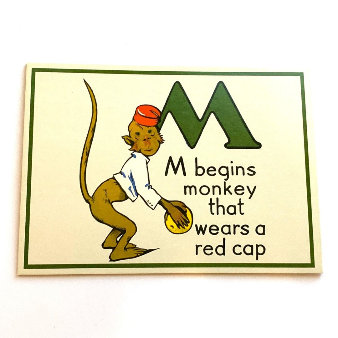 Letter M Monkey Framable Nursery Art Cavallini ABC Alphabet Flashcard ...