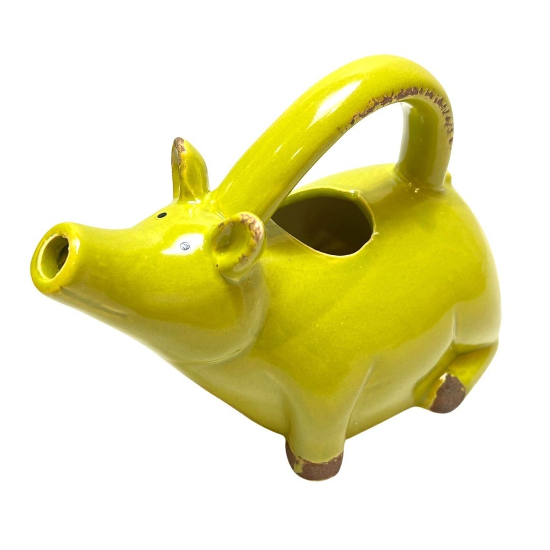 Farmhouse Green Pig Ceramic Watering Can Handle Piggy Pottery Pitcher ...