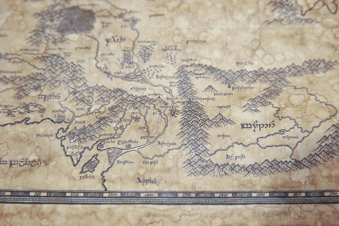 Hand-aged Middle Earth Map, Tengwar Script, Tolkien Art - Etsy