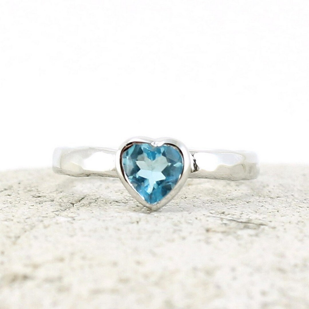 Blue Topaz Heart Ring Hammered Sterling Silver Romantic Gift for Her - Etsy