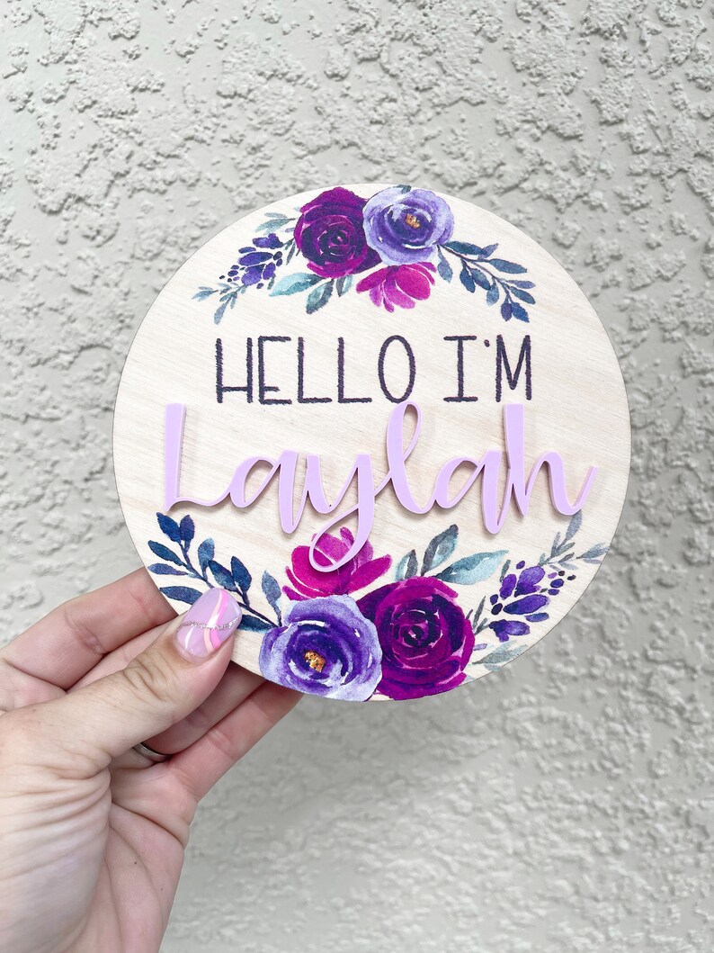 Purple Flower Wood Hello I'm Name Sign Baby Girl Lavender Floral 3D ...