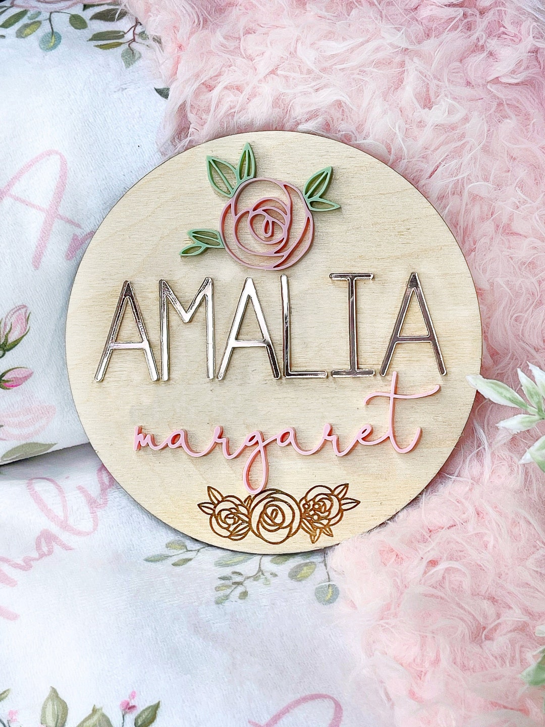 Rose Baby Girl Name Sign Floral Wood Name Sign 3D Name Announcement ...