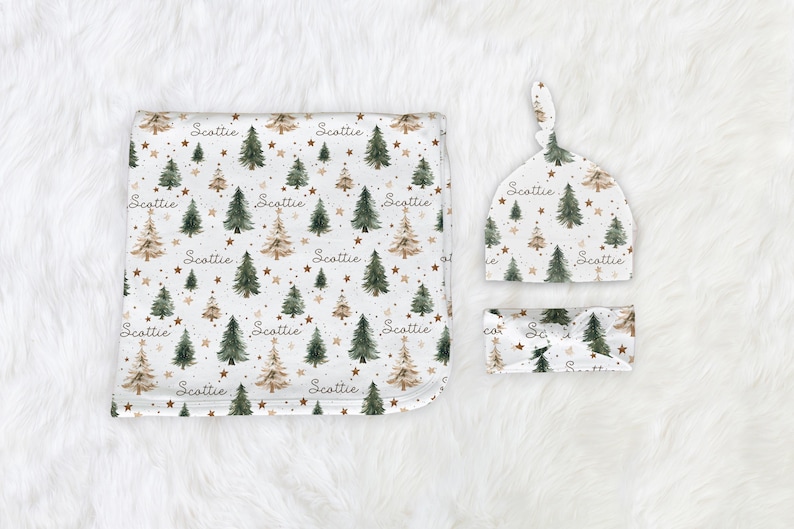Personalized Christmas Tree Baby Blanket Swaddle With Matching Sign ...