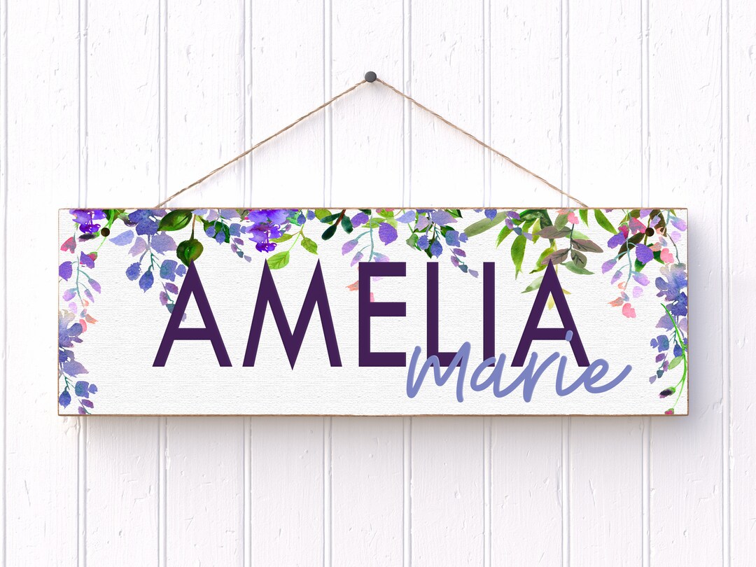 Lavender Floral Nursery Sign Hanging Name Plaque 15"x6" Baby ...