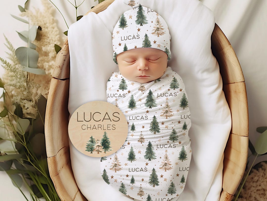 Personalized Christmas Tree Baby Blanket Swaddle With Matching Sign ...