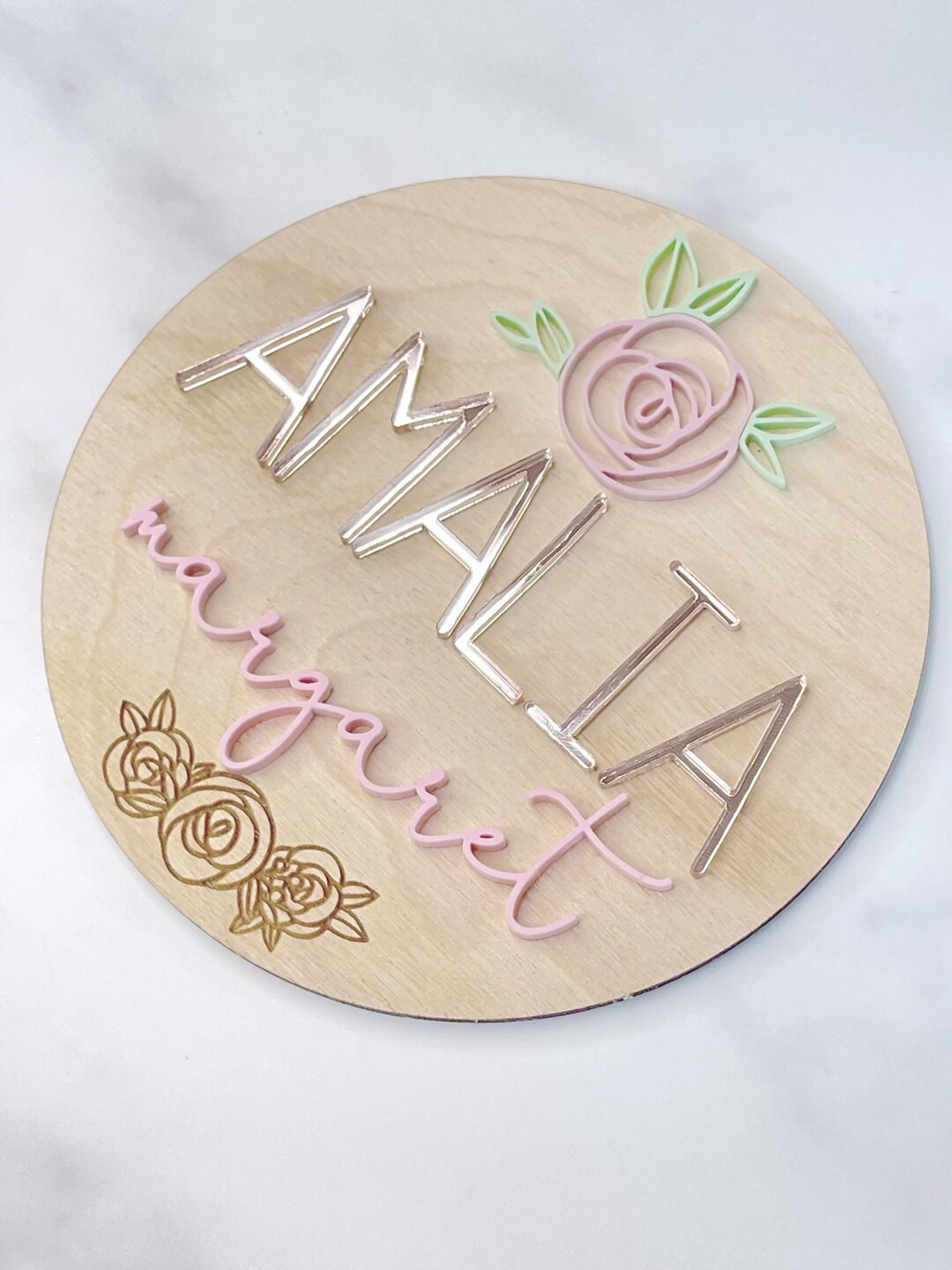 Rose Baby Girl Name Sign Floral Wood Name Sign 3D Name Announcement ...
