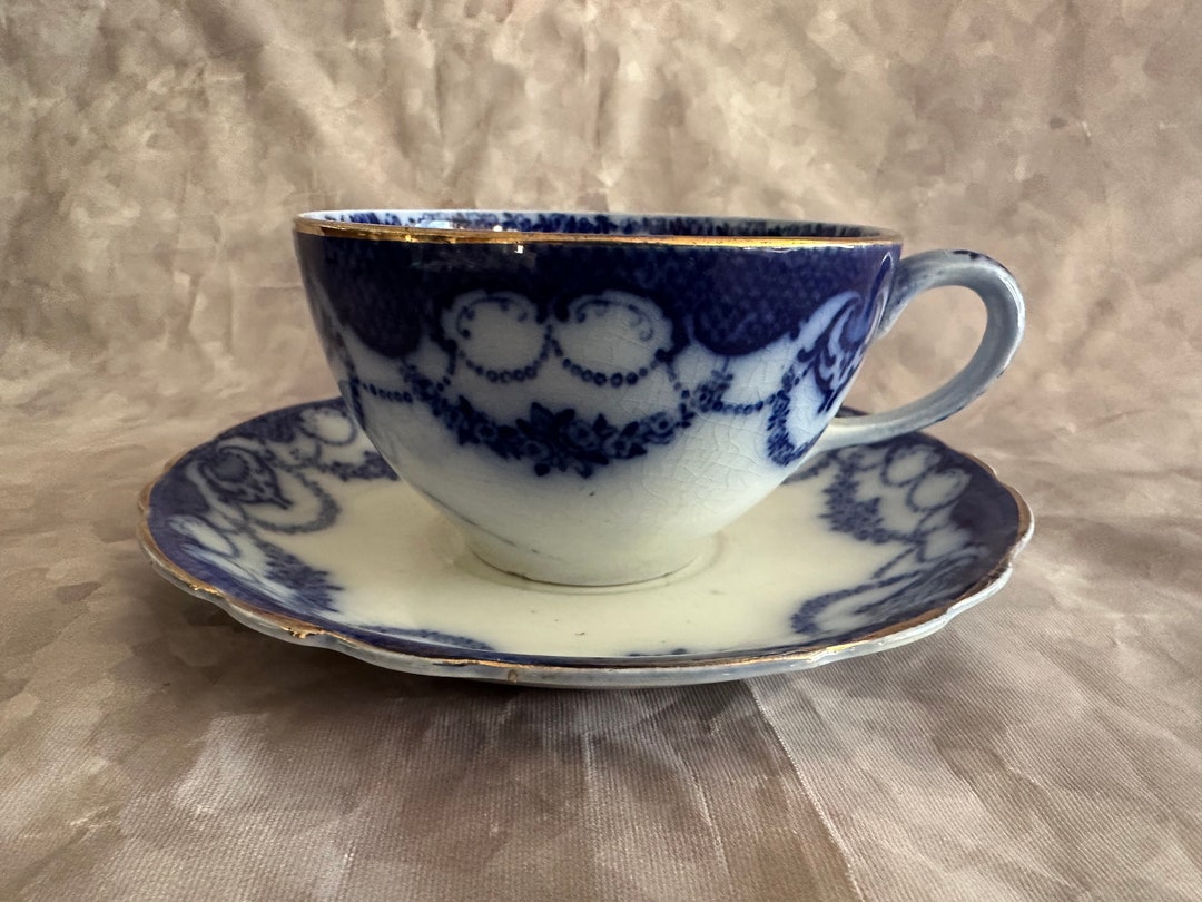 Antique Flow Blue Cup and Saucer Gold Trim Circa Late 1800's FREE SHIP ...