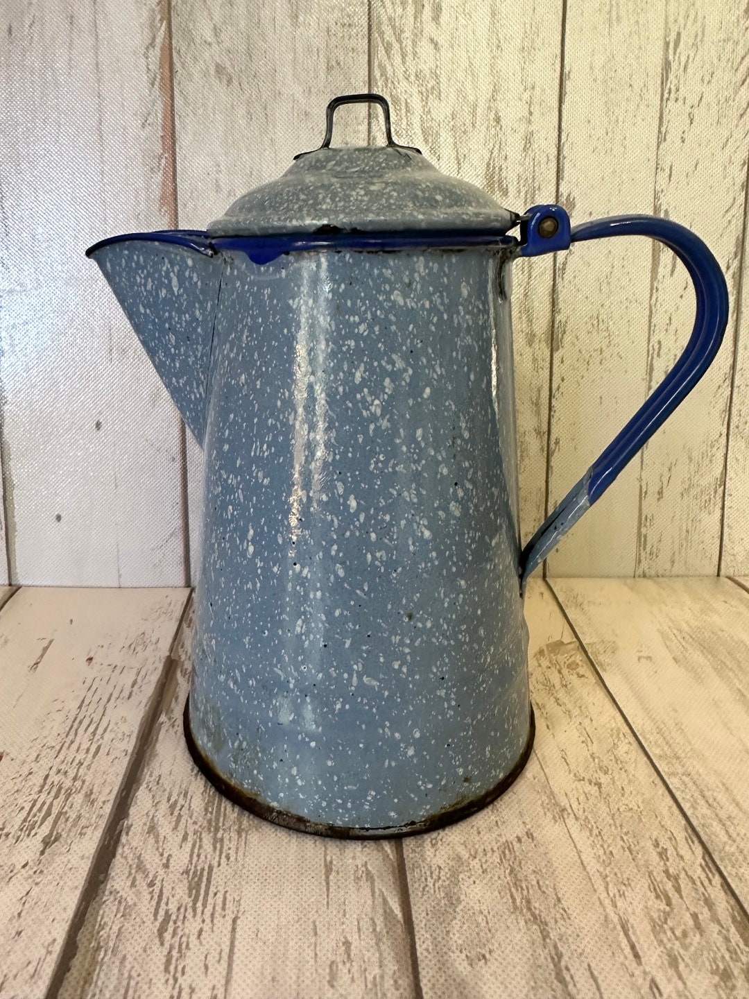 Vintage Light Blue Speckled Enamelware Coffee Pot~ 5-6 Cups~ FREE SHIP ...