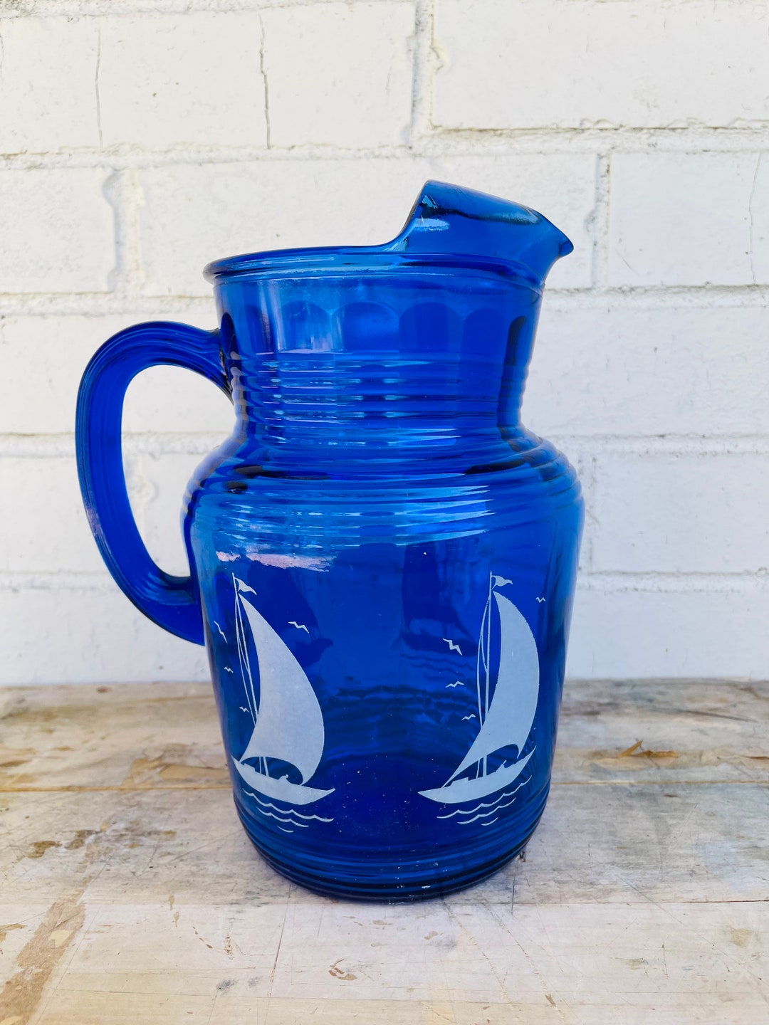 Vintage Pitcher- Water Pitcher- Sailboat -nautical- Kitchen-glassware ...