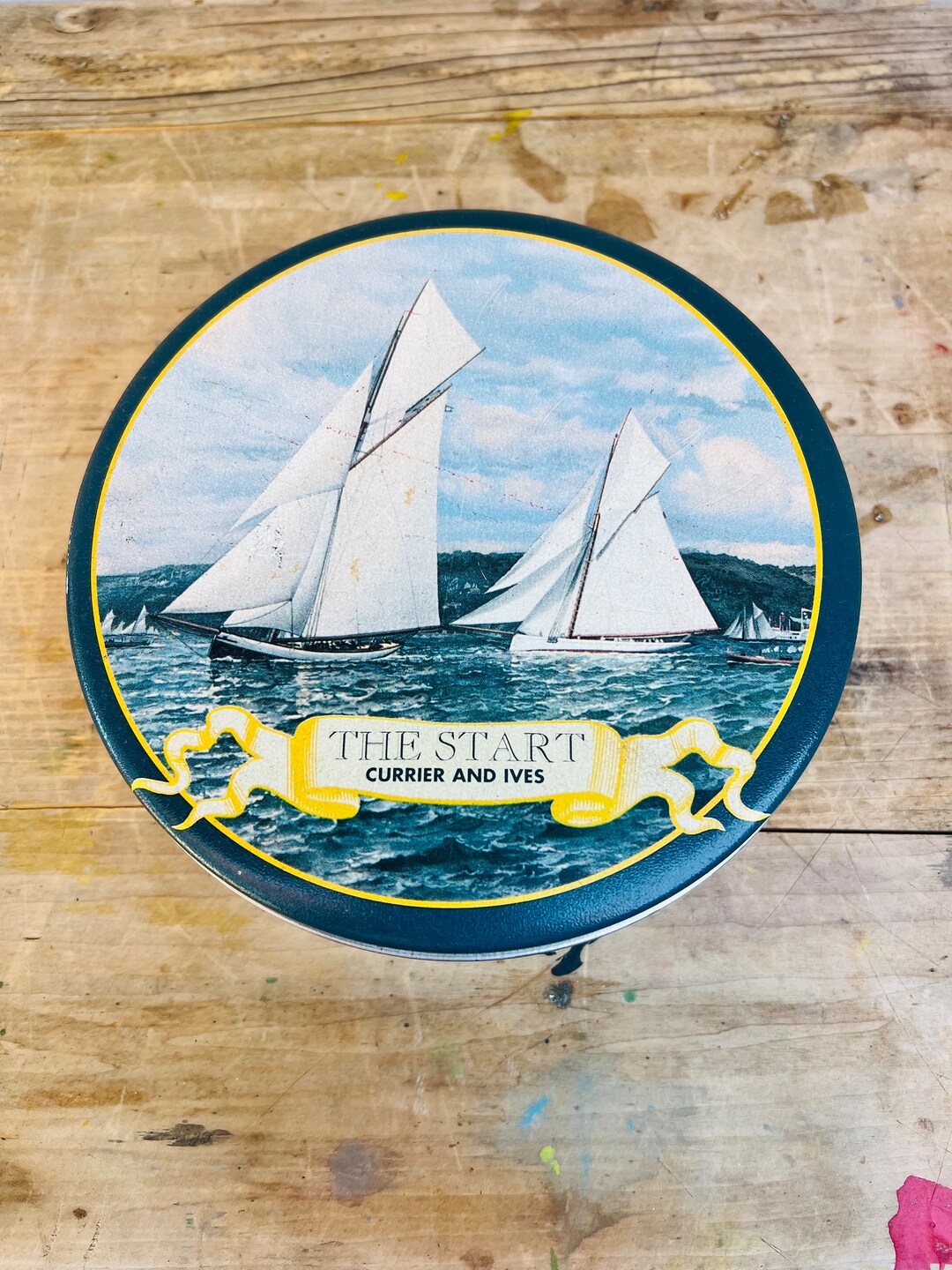 Vintage Sailboat Tin Box- Currier and Ives- Biscuit Tin- Candy Box ...