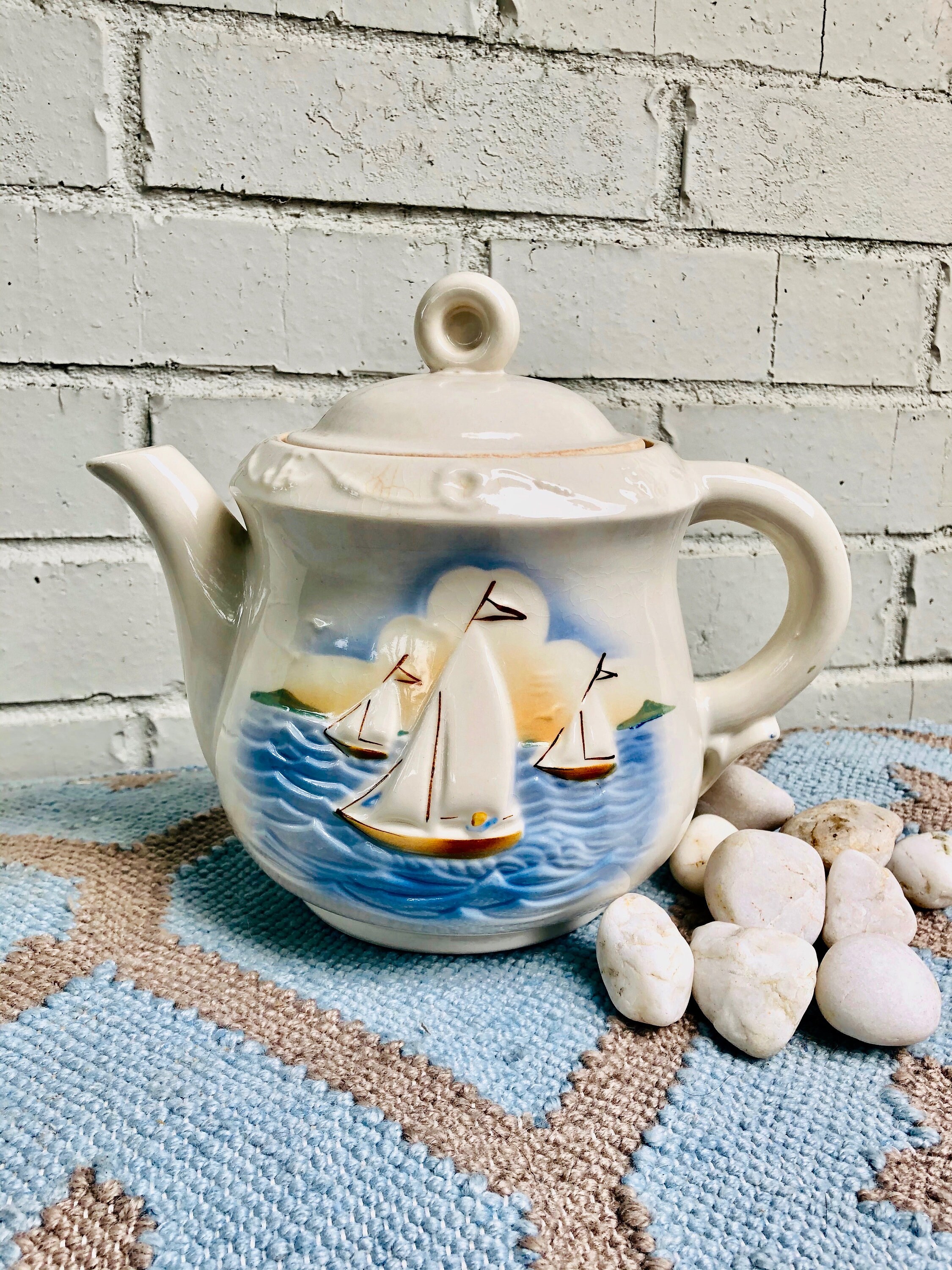 Vintage Teapot With Sailboats Porcelain China Nautical | Etsy