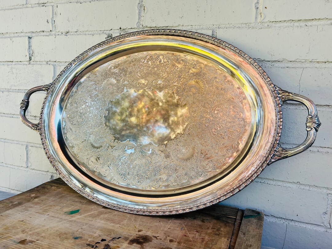 Large Oval Silver Plated Tray Tray With Handles Silver Tray Oval Tray ...
