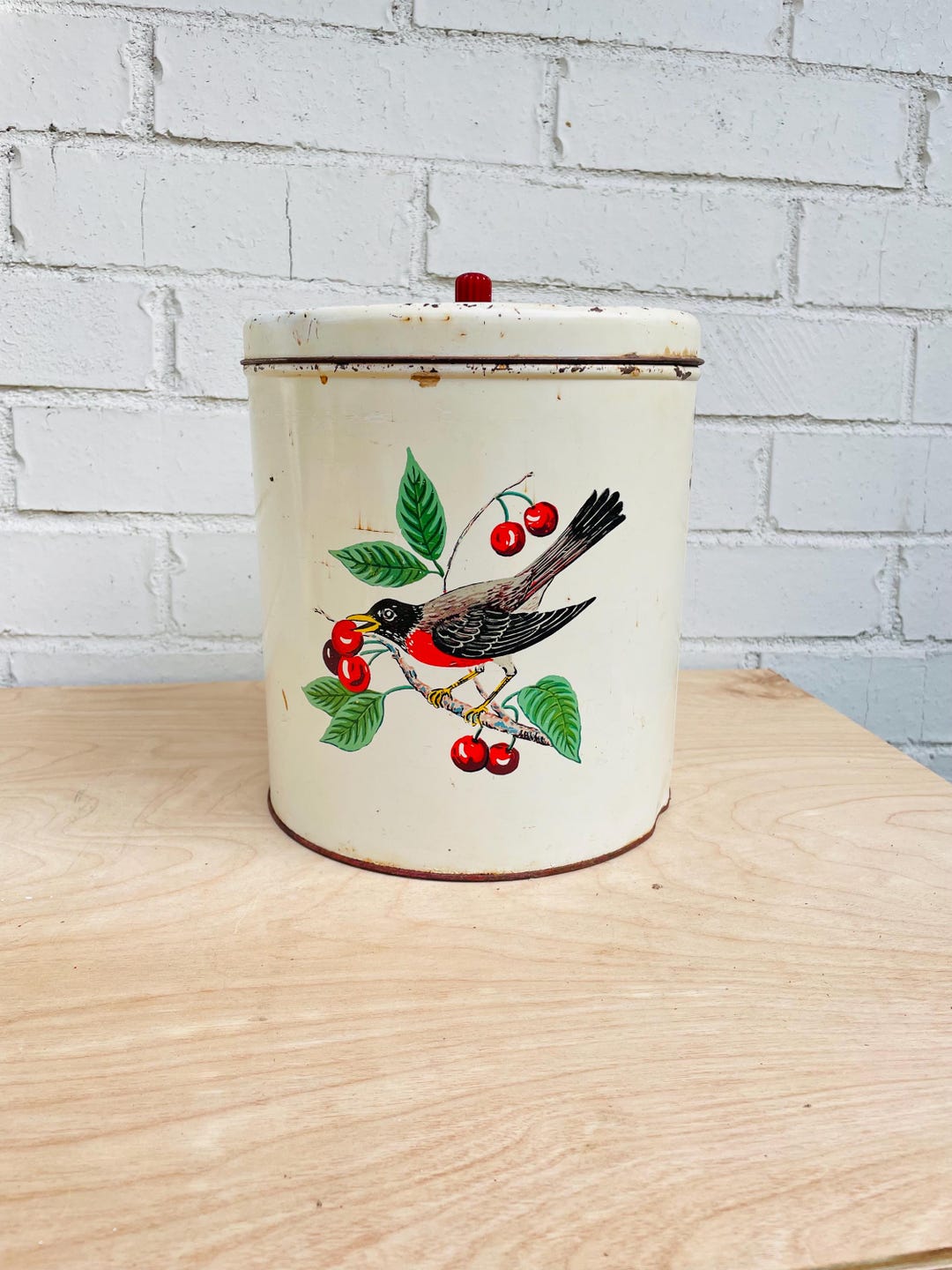 Vintage Round Canister Tin With Bird Lid storage Kitchen Cookies Christmas Decoration - Etsy
