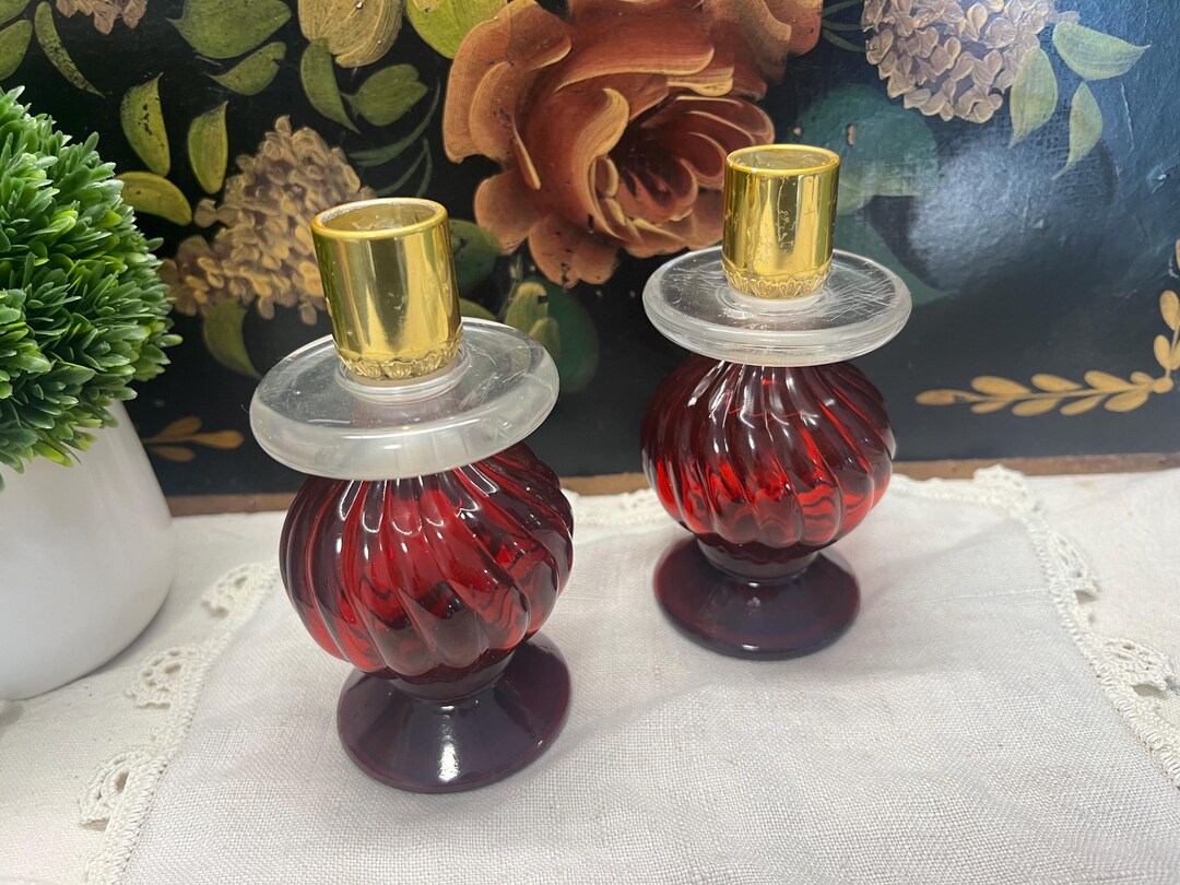 Avon Ruby Red Glass Swirl Empty Candlestick Holder Pair - Etsy