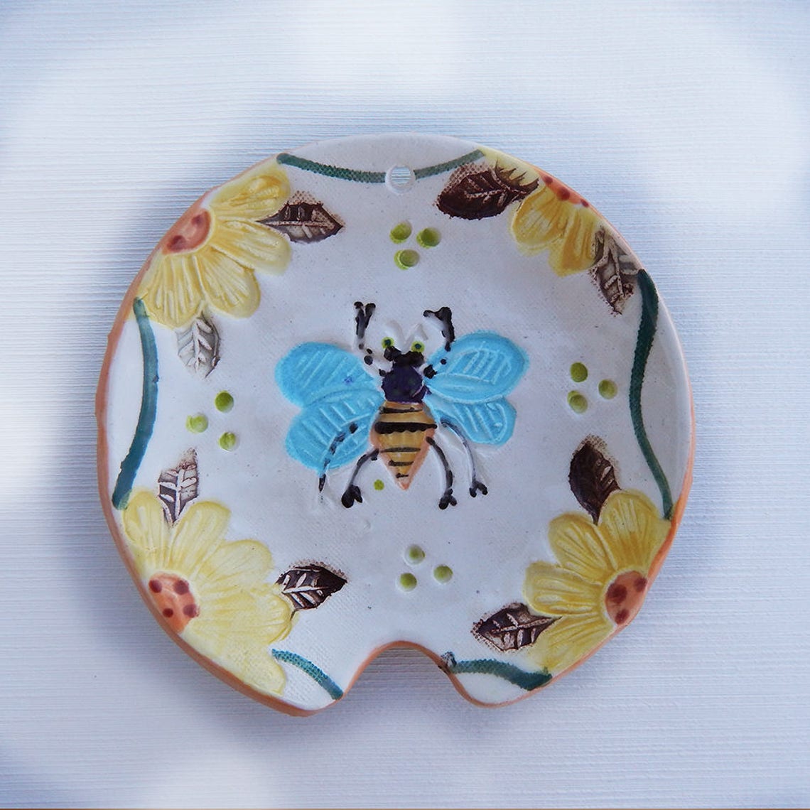 Honey Bee Spoon Rest, Handmade Ceramic, Round Shape With Notch for the ...
