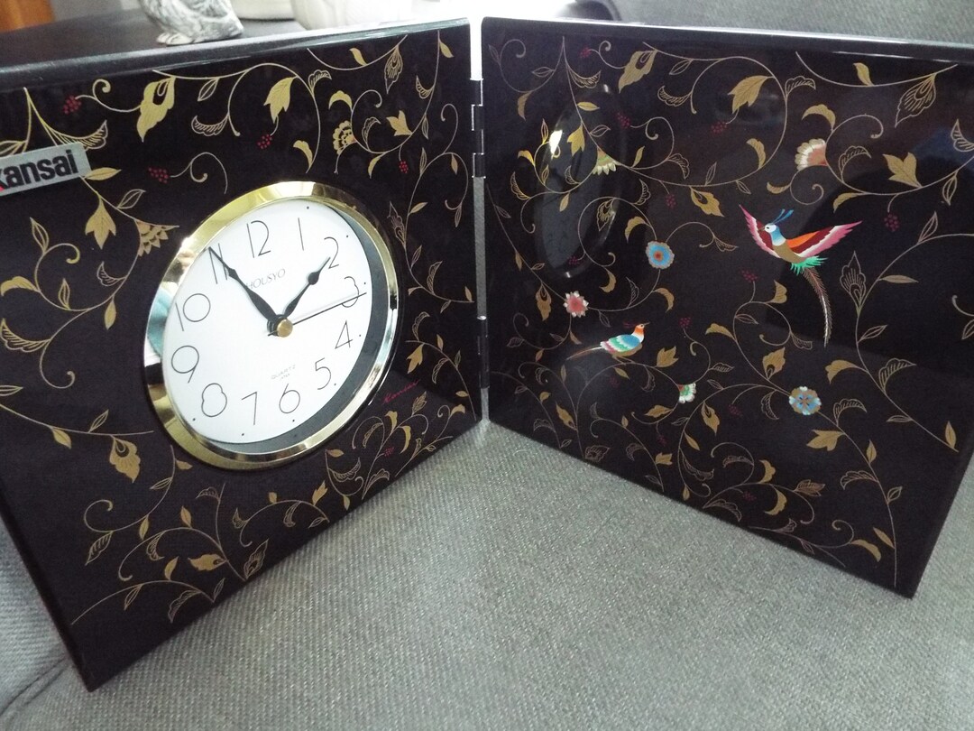 Vintage 9x18" Kansai Black Lacquer Fold Out Desk Clock Mantel Quartz ...