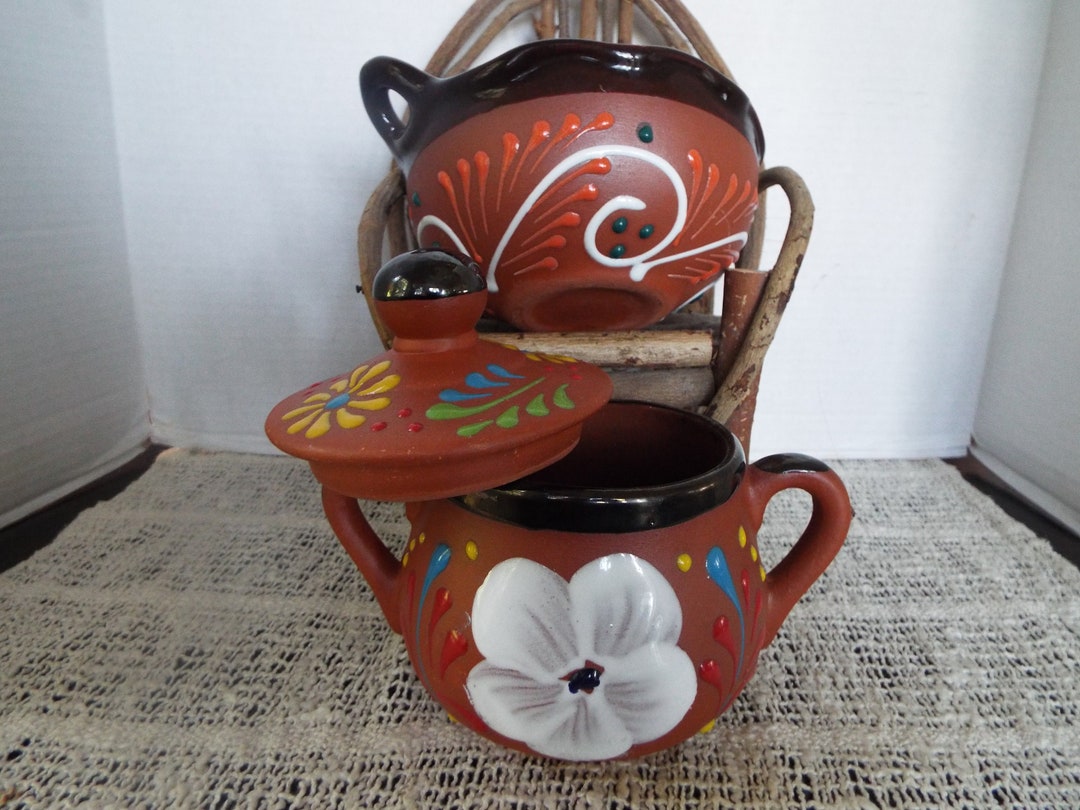 Set of 2 Pots Mexican Redware Painted Clay Glazed Folk Art Tourist ...