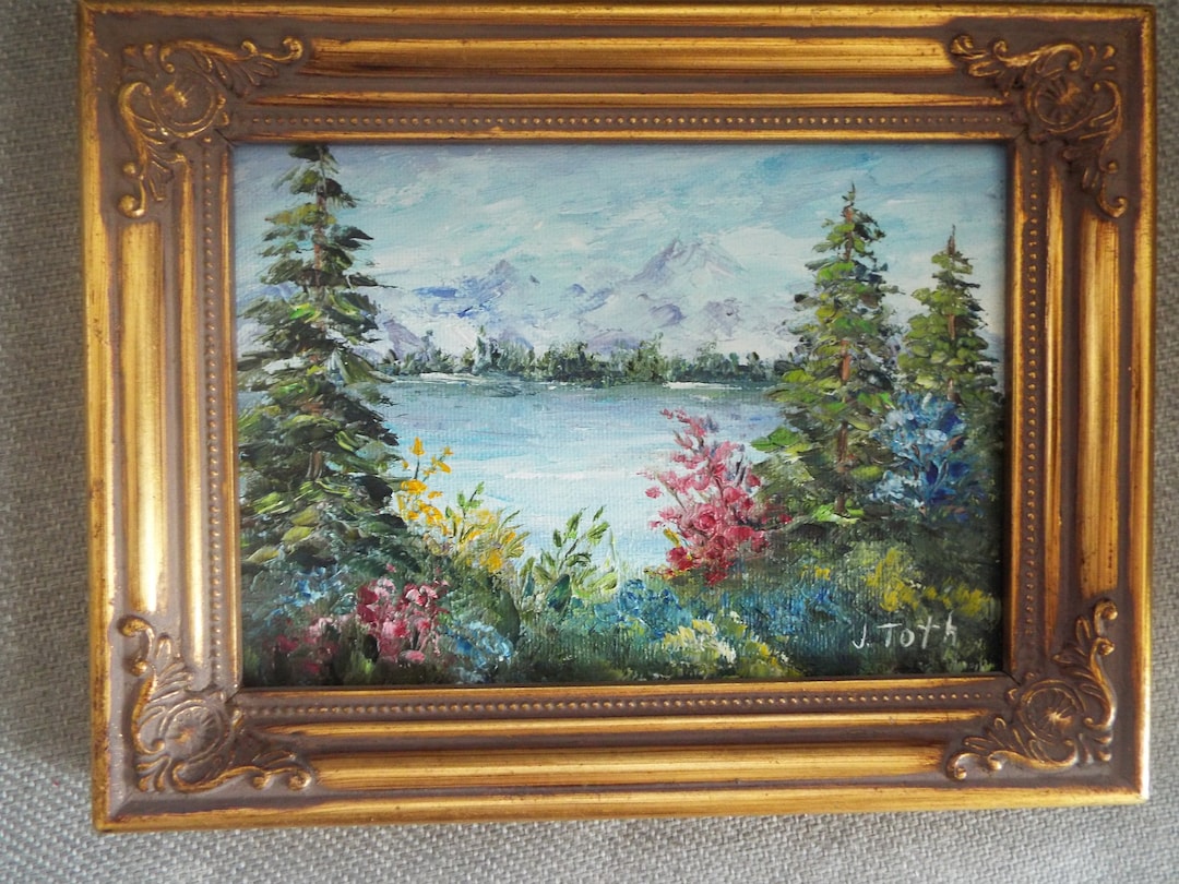 J. Toth Miniature Oil on Board Landscape Painting Summer Woods Lake ...