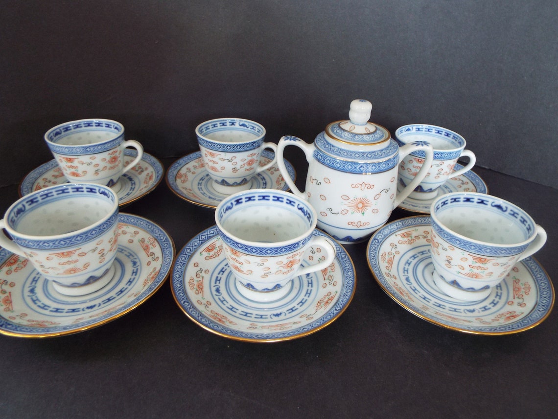 14 Piece Set Chinese Blue and White Rice Grain Tea Set Sugar | Etsy