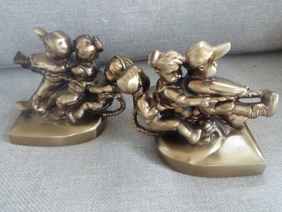 Pair Mid Century Solid Bronze Brass Bookends Children at Play Tug of ...