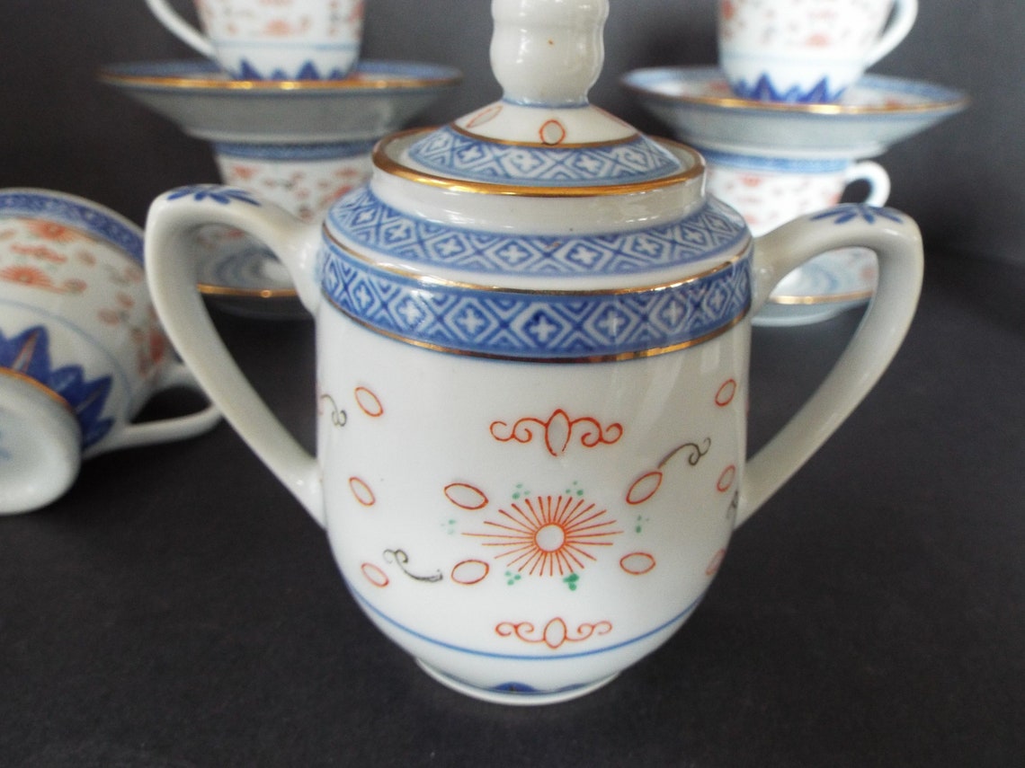 14 Piece Set Chinese Blue and White Rice Grain Tea Set Sugar | Etsy