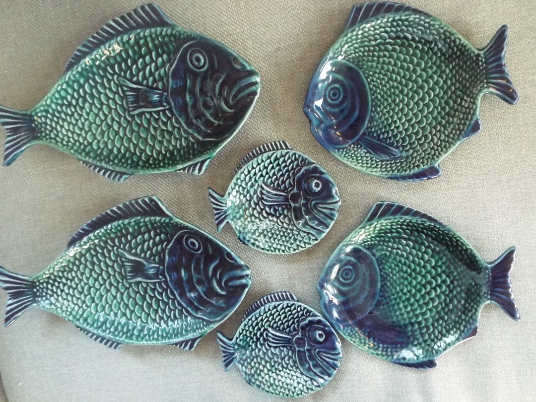 Set of 6 Majolica Fish Platter and Plates Olfaire Portugal Seafood ...