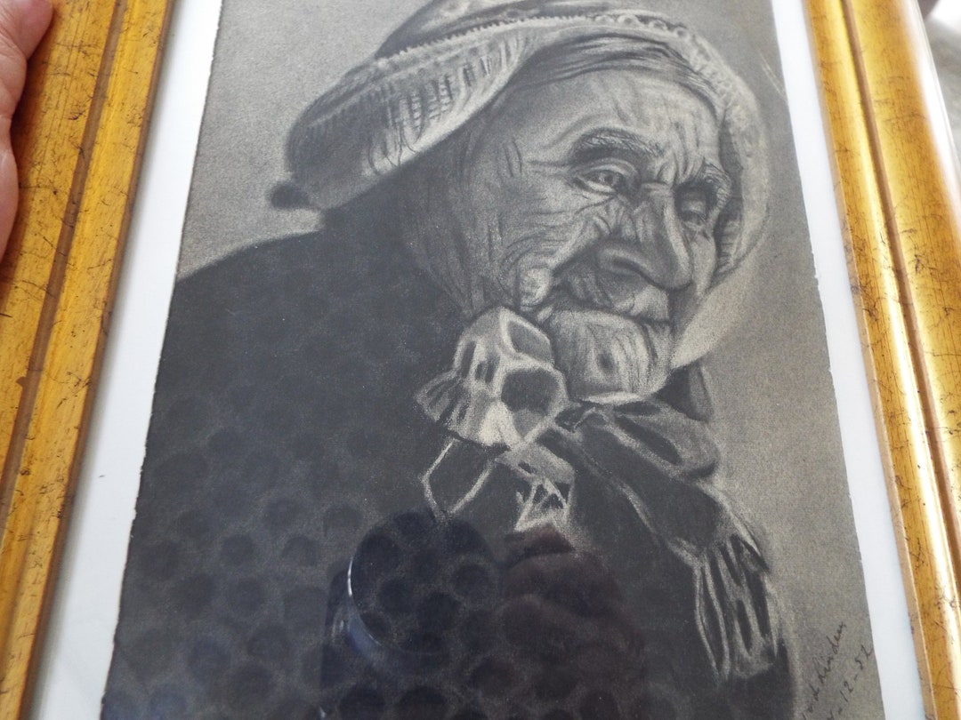 Vintage Charcoal Portrait Old Woman Pen Ink on Paper Peasant Woman ...