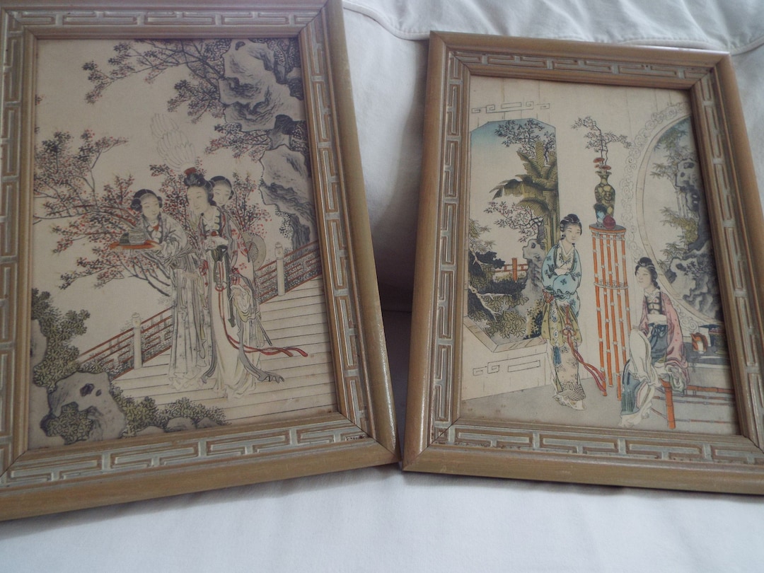 PAIR 1930s Framed Chinese Export Art Prints Hand Colored Original ...