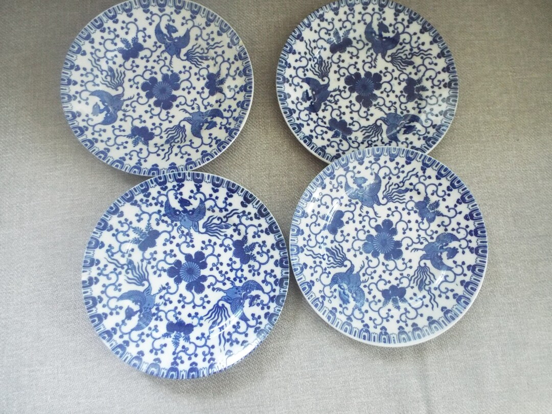 Antique Japanese Phoenix Ware Blue White Dishes 7.5" Salad Plate ...