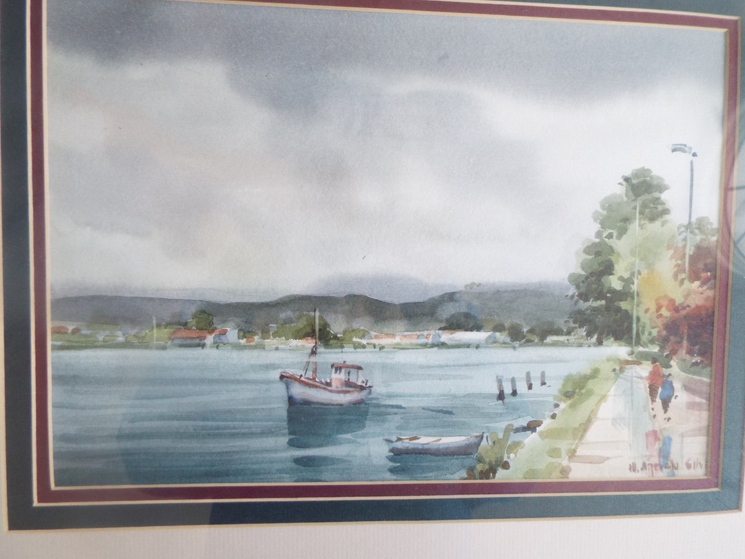 Framed Original Watercolor Impressionist Seascape Watercolor Fishing ...