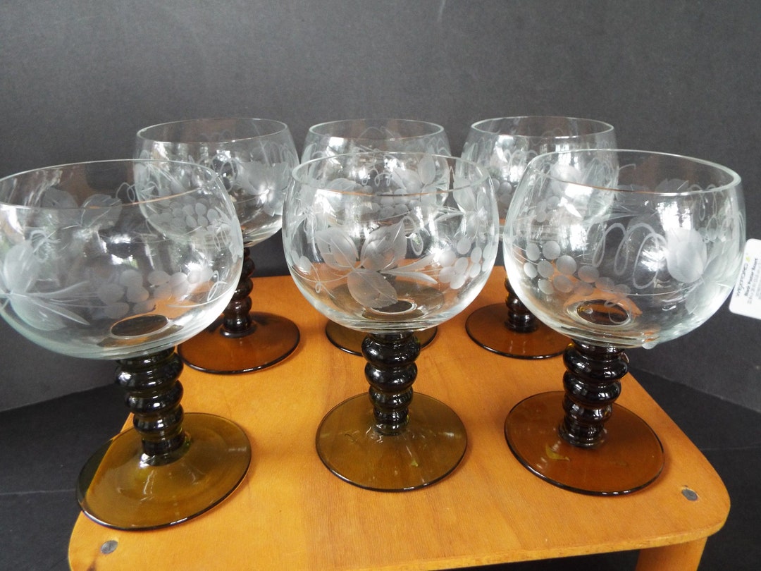 6 Roemer German Stemmed Olive Green Bubble Stemware Etched Grapes ...